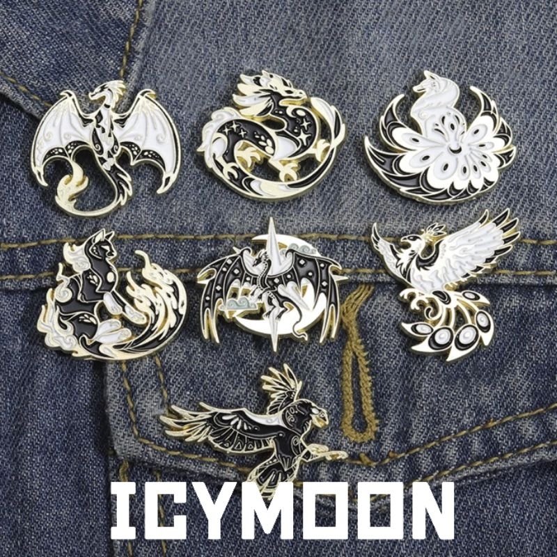 Enamel Pins : Divine Magical Deity Black White Cats Dragons Wolfs ...