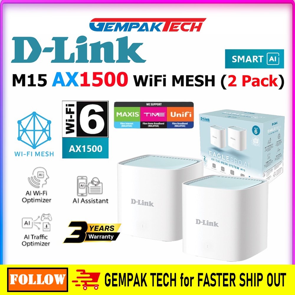 D-Link Eagle Pro (2 Pack) AI Wireless AX1500 Wifi 6 Mesh router system ...
