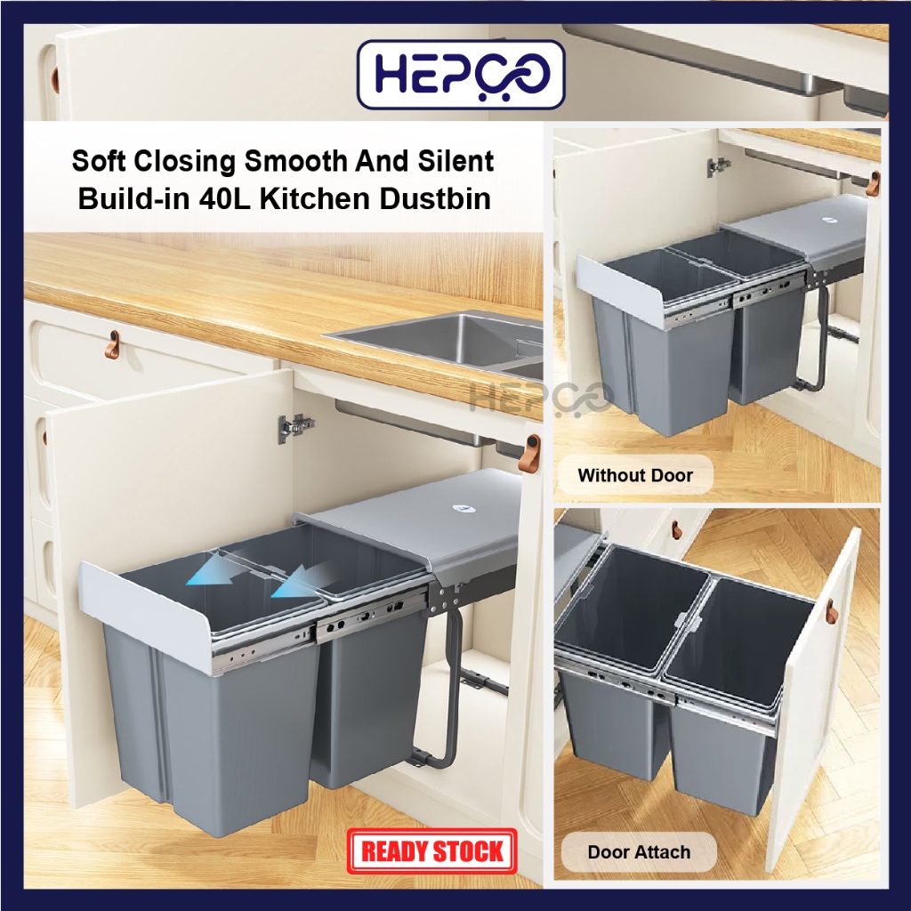 Kitchen Cabinet Dust Bin 40L Waste Bin Soft Close System Attached Door ...
