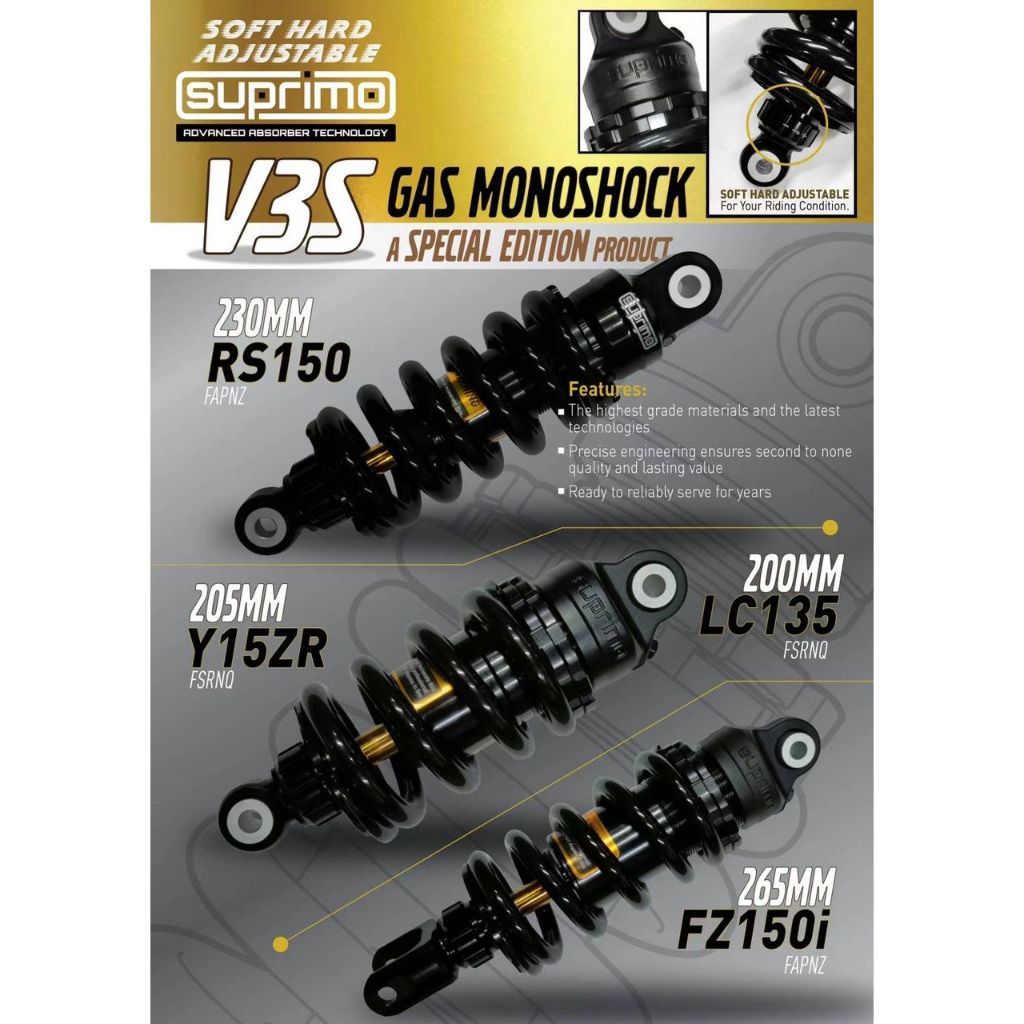 SUPRIMO V3S GAS MONOSHOCK 203MM 205MM YAMAHA LC135 Y15ZR [SPECIAL BLACK GOLD EDITION) MONO ...