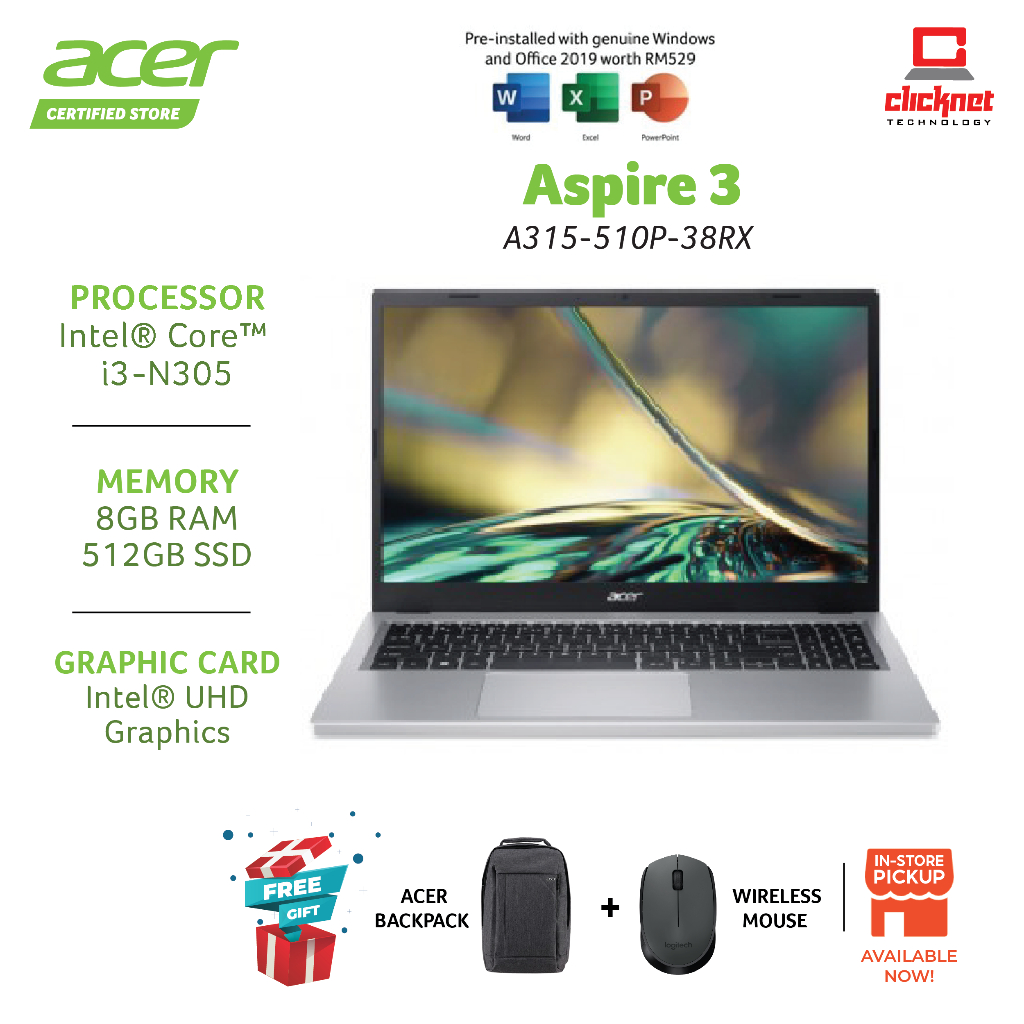 Acer Aspire 3 Laptop - Silver (8GB RAM/512GB SSD/15.6" FHD) A315-510P ...
