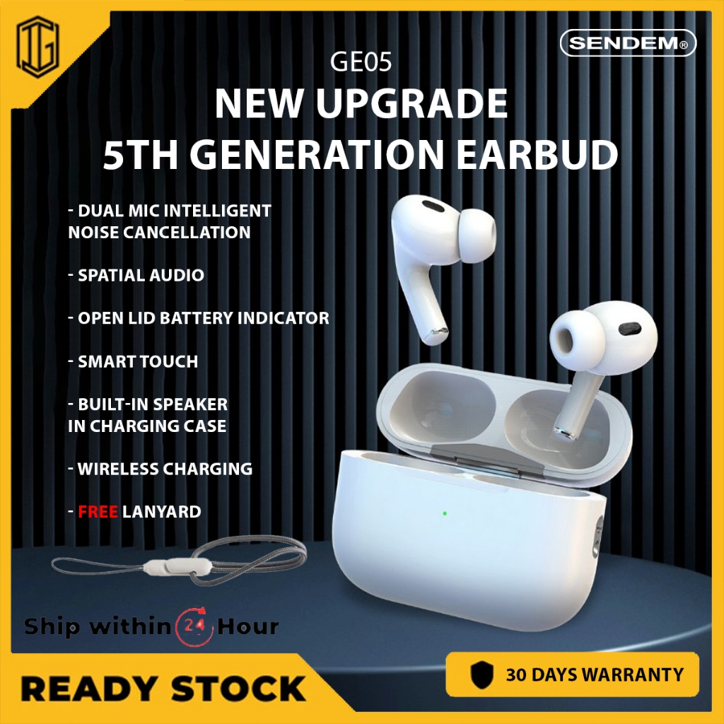 SENDEM GE05 5th Gen Earbud Spatial Audio Noise Cancelling Smart Touch ...