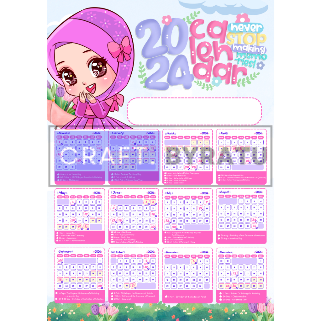 Wall Kalendar 2024 A4 Saiz | Calendar 2024 A4 Size | Wall Calendar 2024 ...