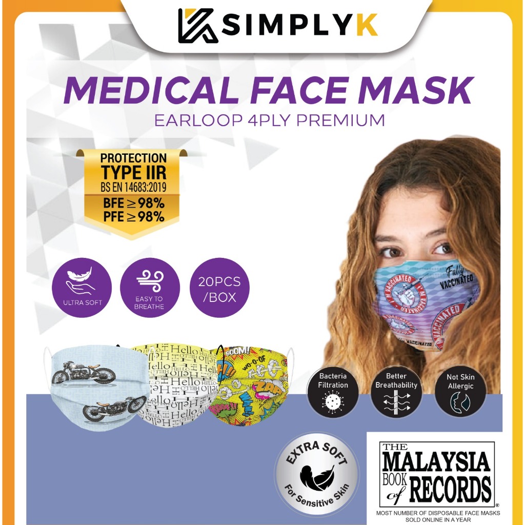 MDA Cert SIMPLY K Medical 4ply Earloop Face Mask 20pcs | Shopee Malaysia