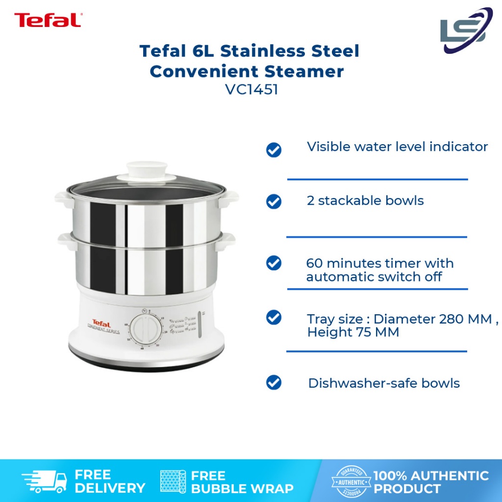 Tefal 6L Stainless Steel Convenient Steamer VC1451 | Easy Storage ...