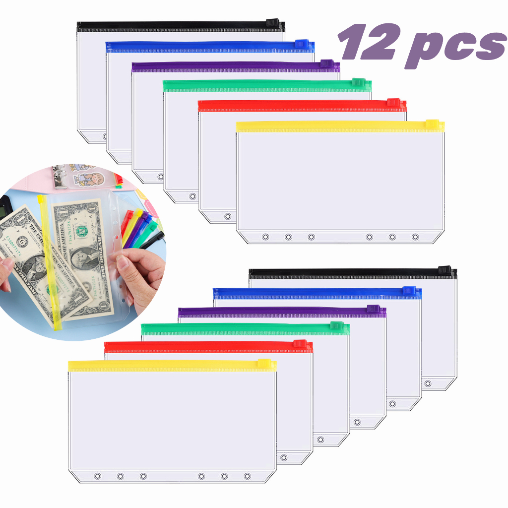 12pcs A6 Color Zipper Bags 6 Holes Loose-leaf Binder Refill Pockets ...