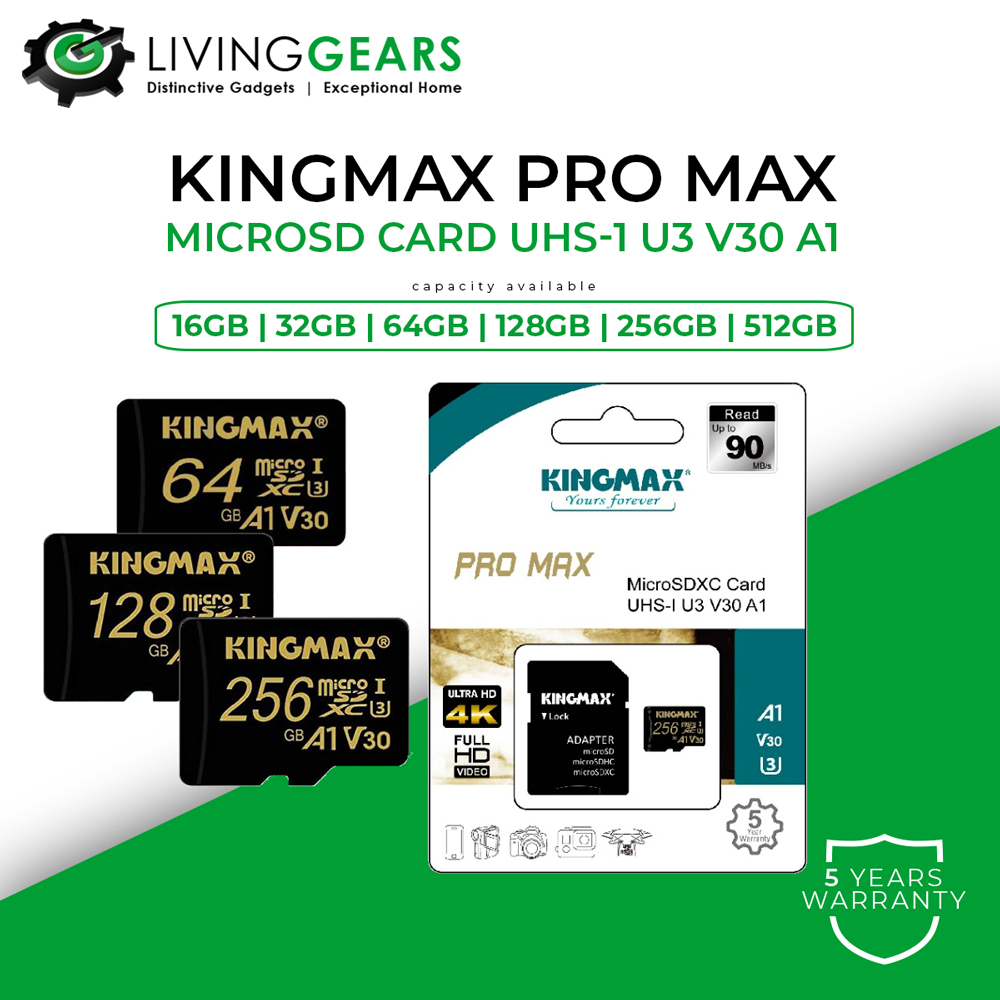 Kingmax Pro Max Memory Card Microsd Wtih SD Card Adapter (64GB/128GB/256GB) CL10 V30 A1 | Shopee ...