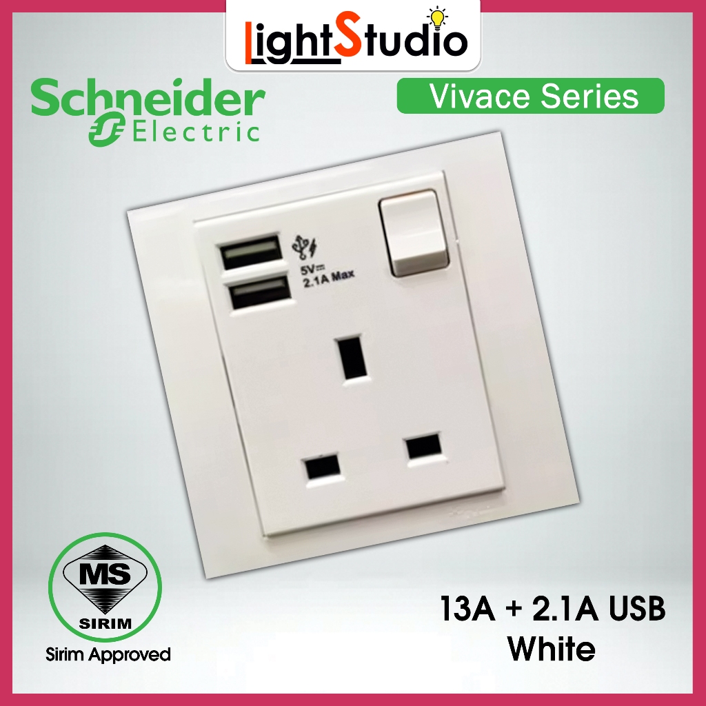 Schneider Vivace Series KB15USB 13A 1 Gang Switched Socket with 2.1A ...