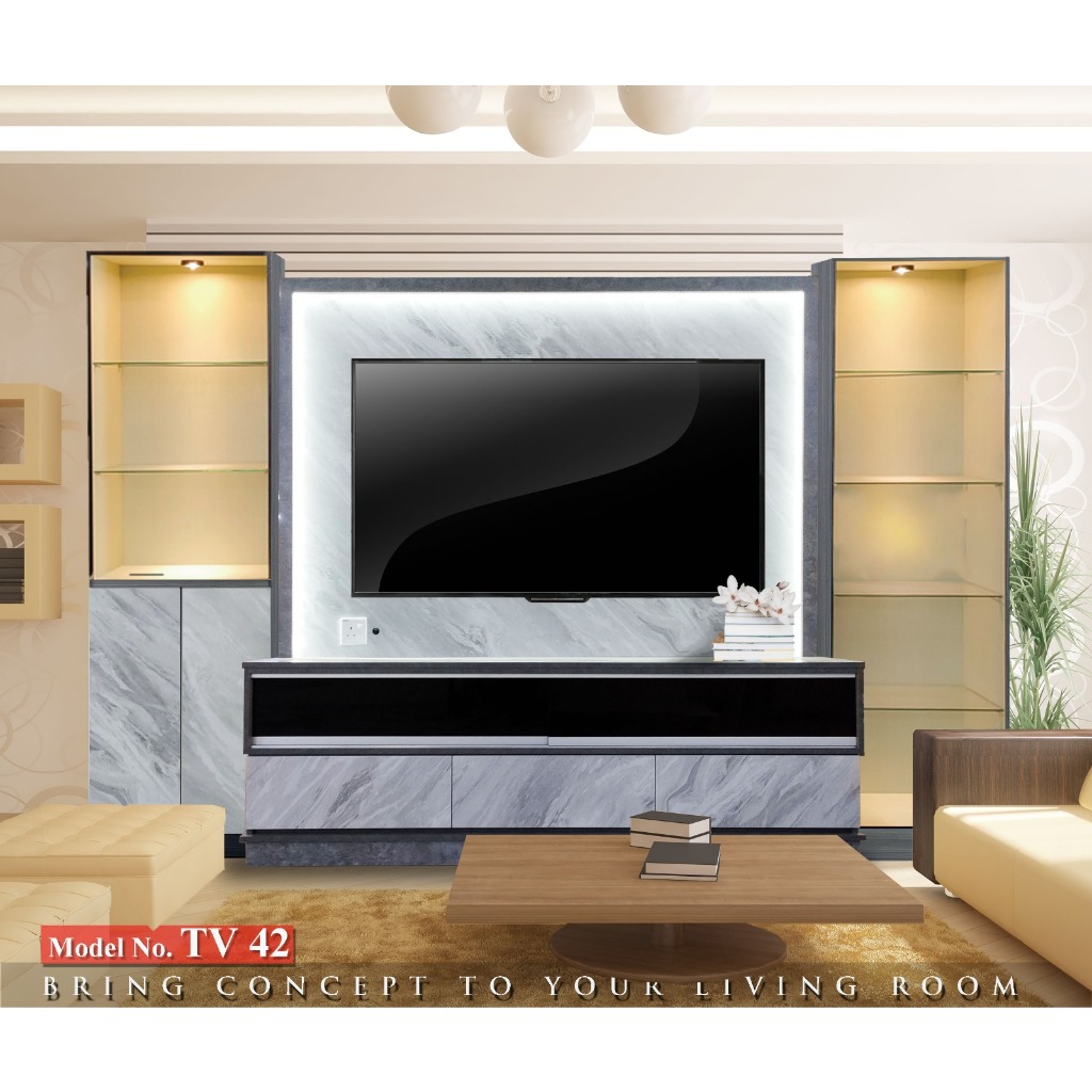 [TSB-TV42]10FT TV Cabinet with LED Light & Solid Wall/10 Kaki Kabinet ...