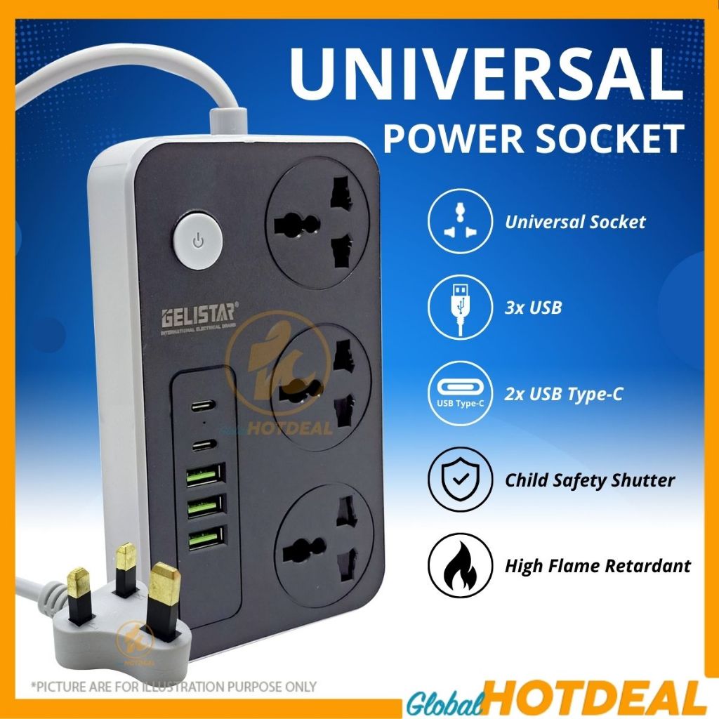 5 USB Port 3 Universal Power Socket Extension With 5 USB Ports Adapter ...