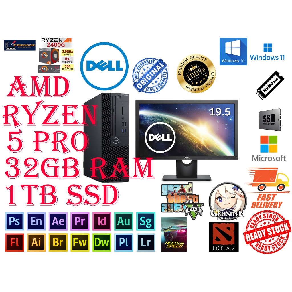 DELL RYZEN 5 PRO RX Vega 11 GRAPHIC GAMING PC / MONITOR SET SFF (RAM ...