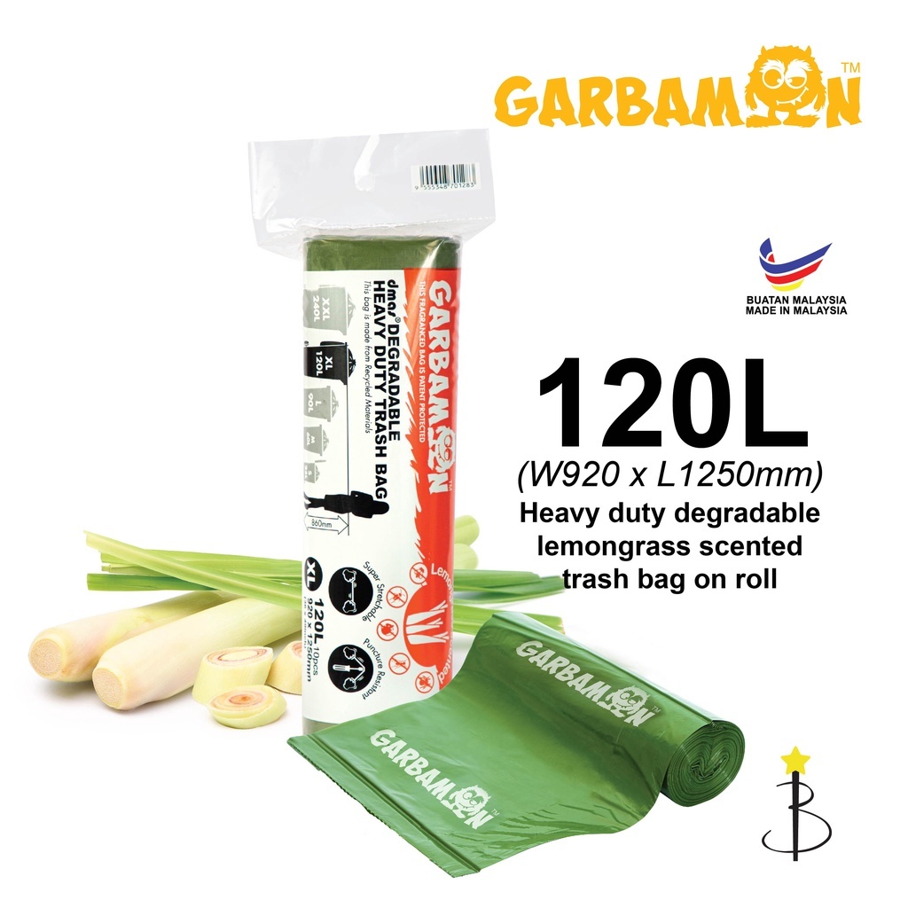 Garbamon 120L - Degradable lemongrass scented trash bag on roll (92cm x ...