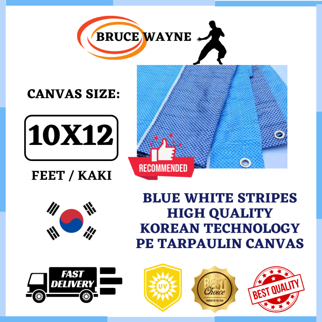 10X12 FT Blue White Stripes Waterproof Canvas, Canopy, Kanvas Khemah ...
