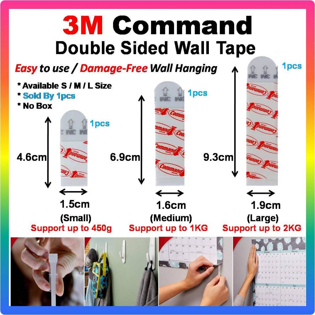 3M Command Strong Double Sided Wall Tape Strip Adhesive Refill for Home ...