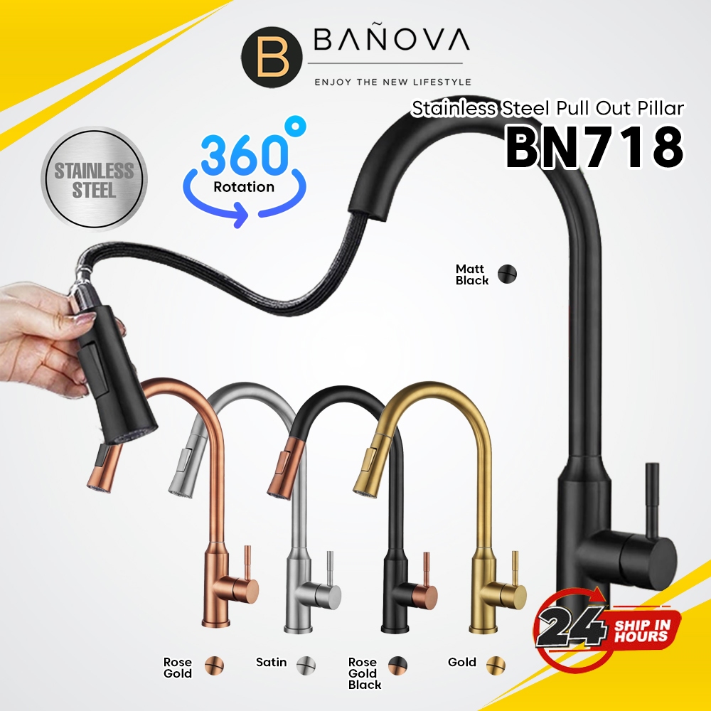 BANOVA SUS 304 Stainless Steel Pull Out Pillar Kitchen Sink Tap Water ...