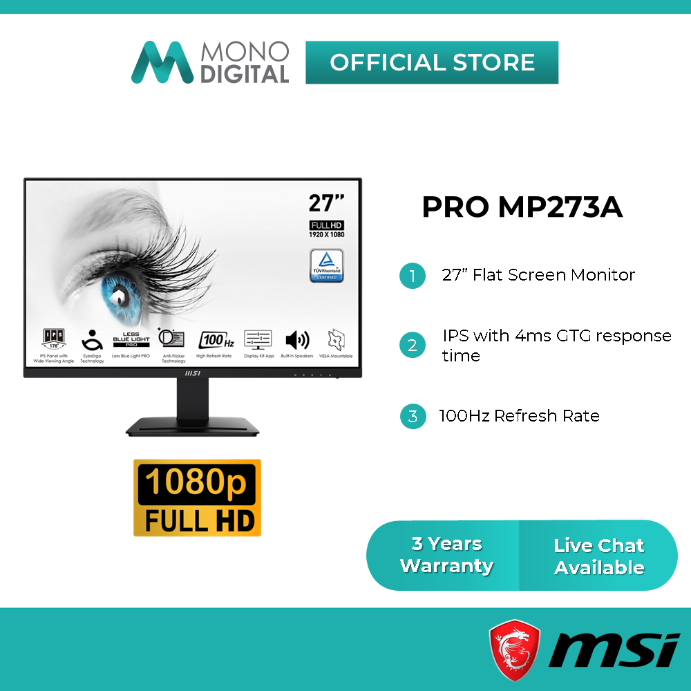 MSI PRO MP273A FHD 27" Productivity Monitor (27"/1920X1080/100Hz/IPS Panel/4ms GtG) | Shopee ...