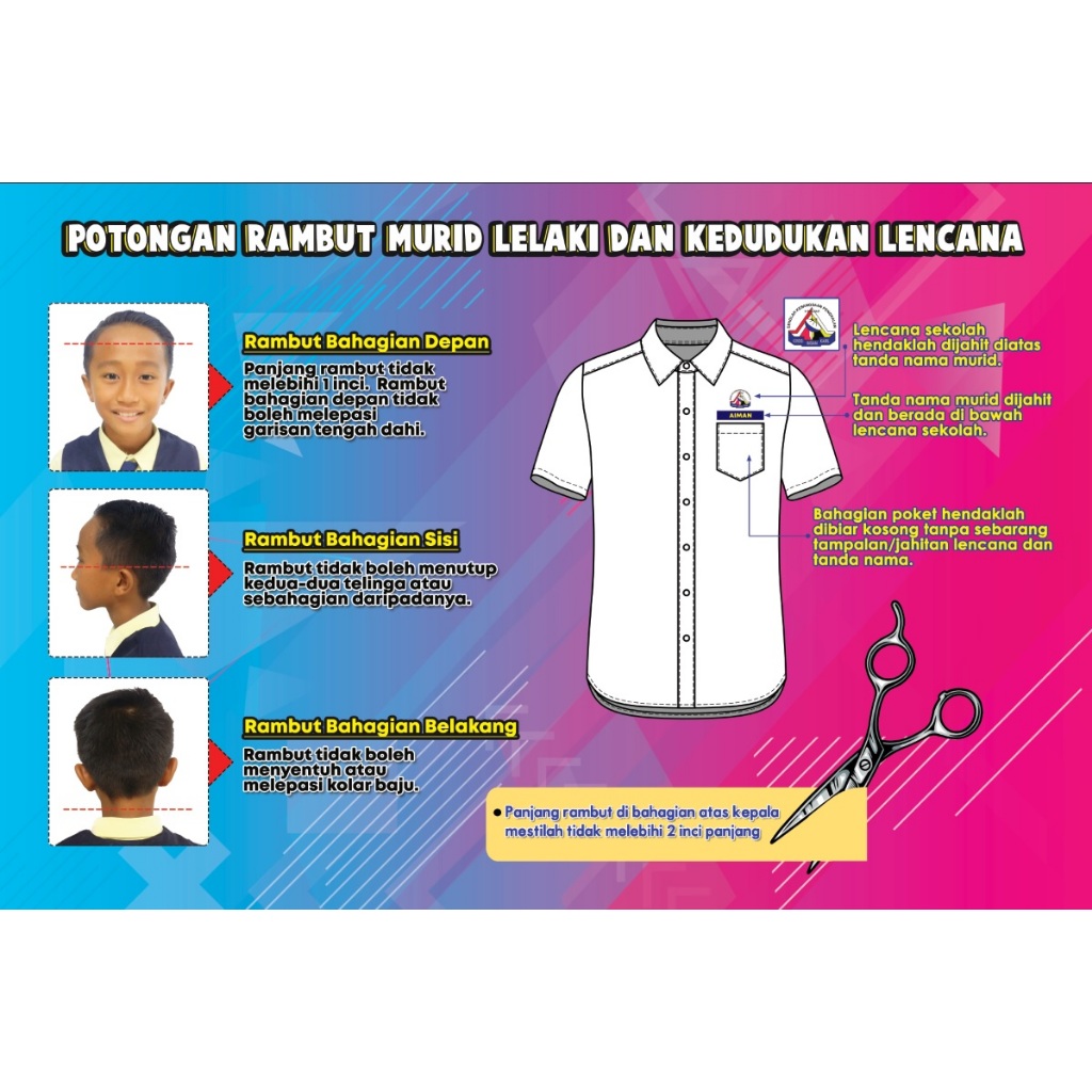 Banner potongan rambut murid lelaki dan kedudukan lencana sekolah ...