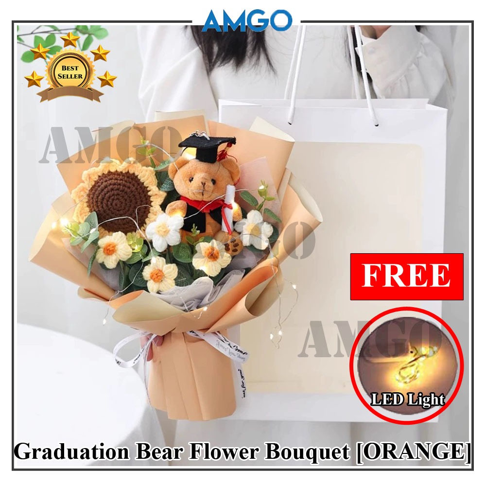 AMGO [ORANGE] Flower Bouquet Bear Gift for Graduation Knitted Flower ...