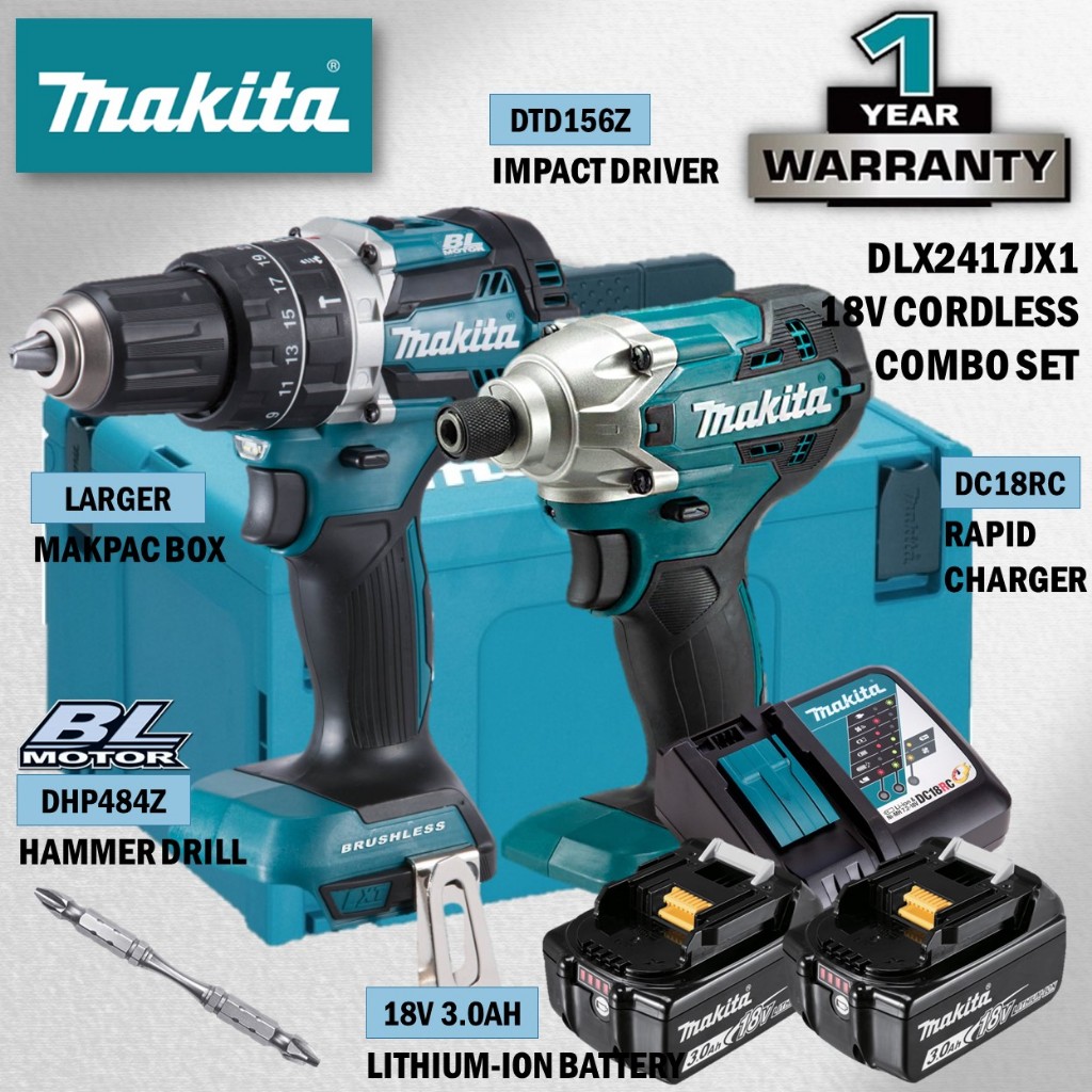MAKITA DLX2417JX1 18V Cordless Combo Kit RM1600 ( DHP484 18V Hammer Driver Drill / DTD156 18V ...