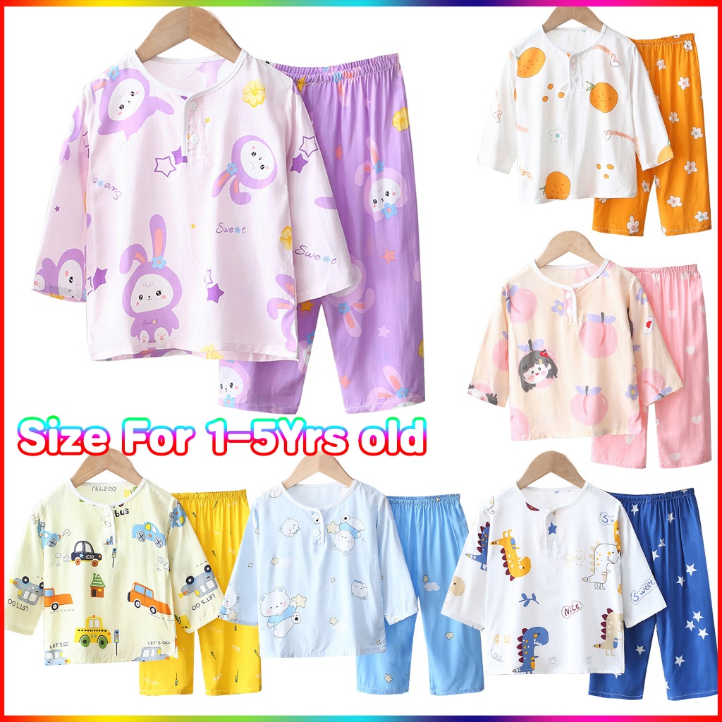 (1-5yrs) Kids Pajamas Cotton Silk Cool Sleepwear Thin Nightwear Baju ...