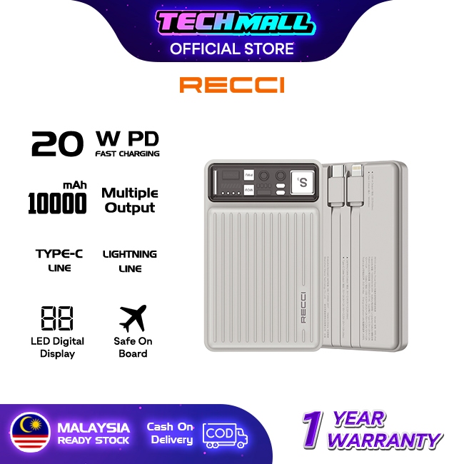 RECCI RPB-P40 22.5W + PD20W POWER BANK 10000MAH (BUILT-IN TYPE-C + iOS DEVICES CABLE) | Shopee ...