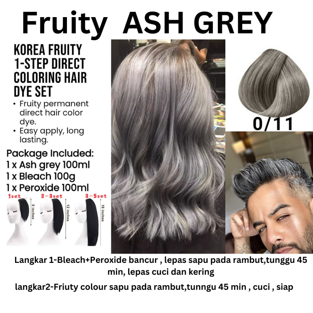 (FULSET)Direct ASH GREY Hair Color Kit(10minutes)100ml+Free Bleach ...