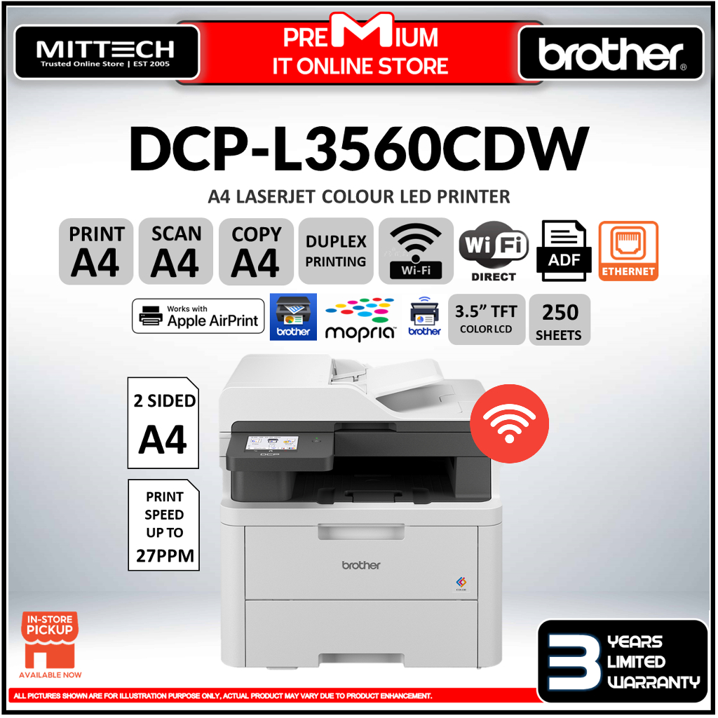 Brother Colour LED Laserjet Printer A4 3in1 DCP-L3560CDW | ADF & Duplex | Wired & Wireless ...
