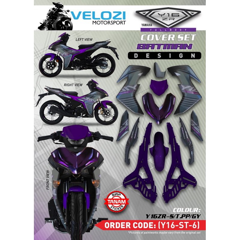 VELOZI YAMAHA Y16 Y16ZR (NOT ABS) STANDARD DESIGN BATMAN PURPLE /GREY ...