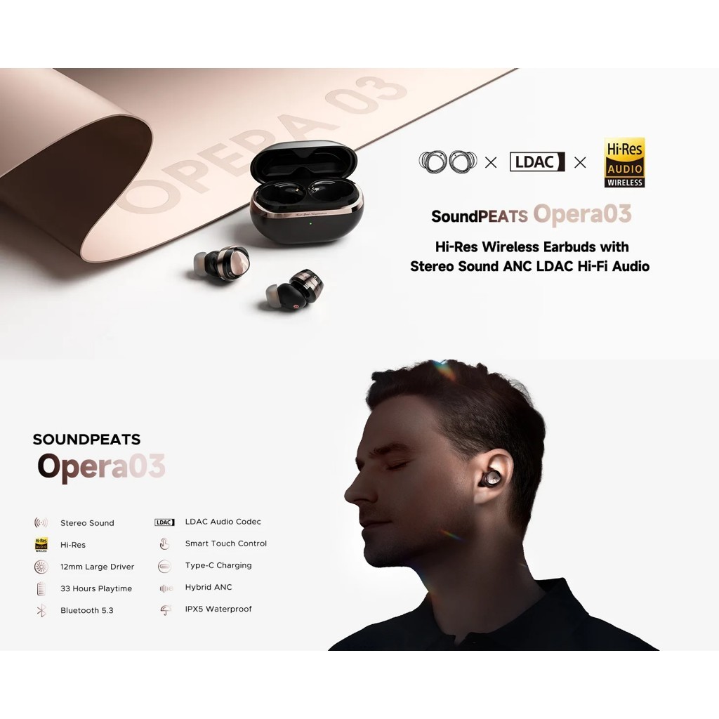 SoundPEATS Opera 03 Hi-Res Bluetooth 5.3 Wireless Earbuds with Hi-Fi ...