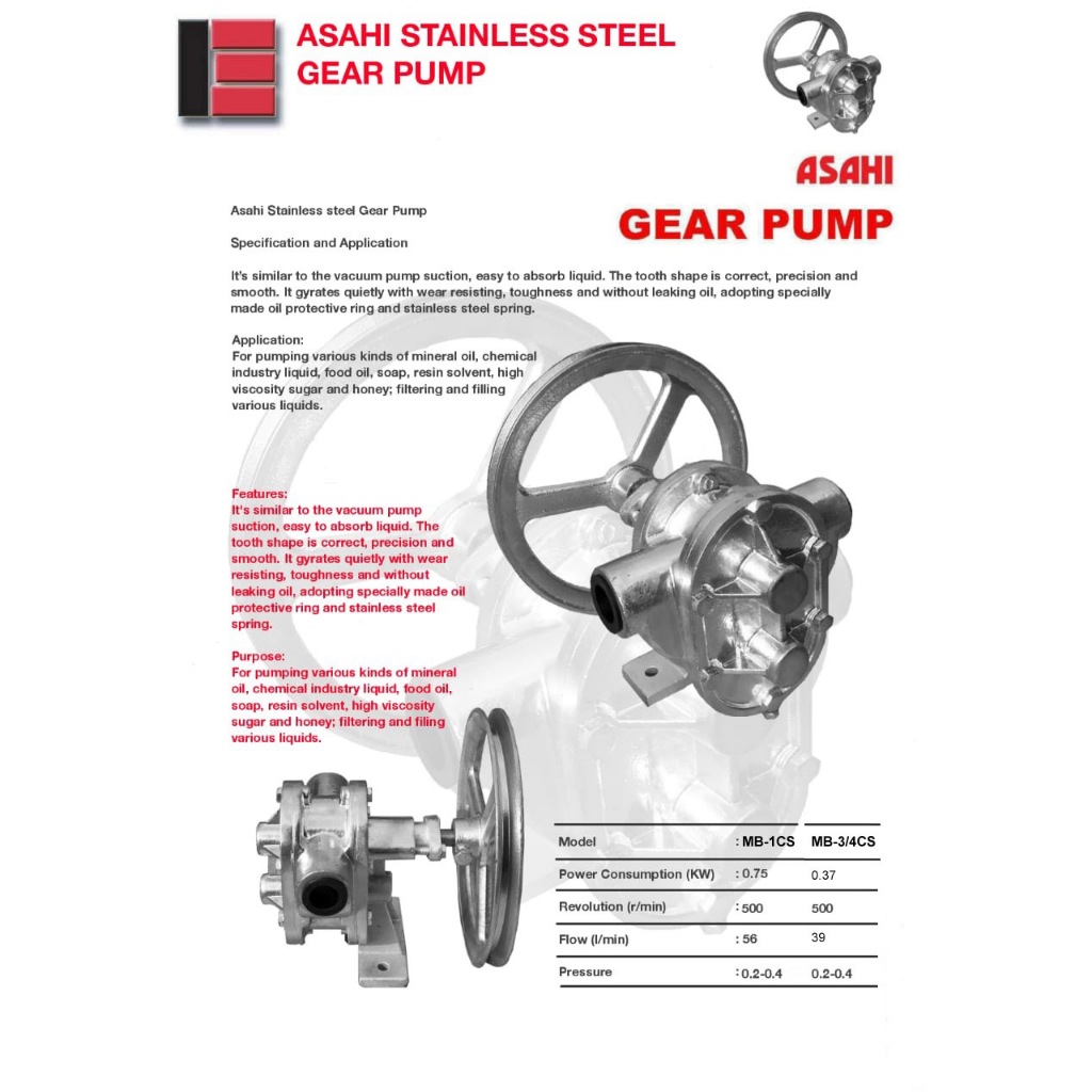 Asahi Stainless Steel Gear Pump MB-3/4CS (3/4") & MB-1CS (1'') | Shopee ...