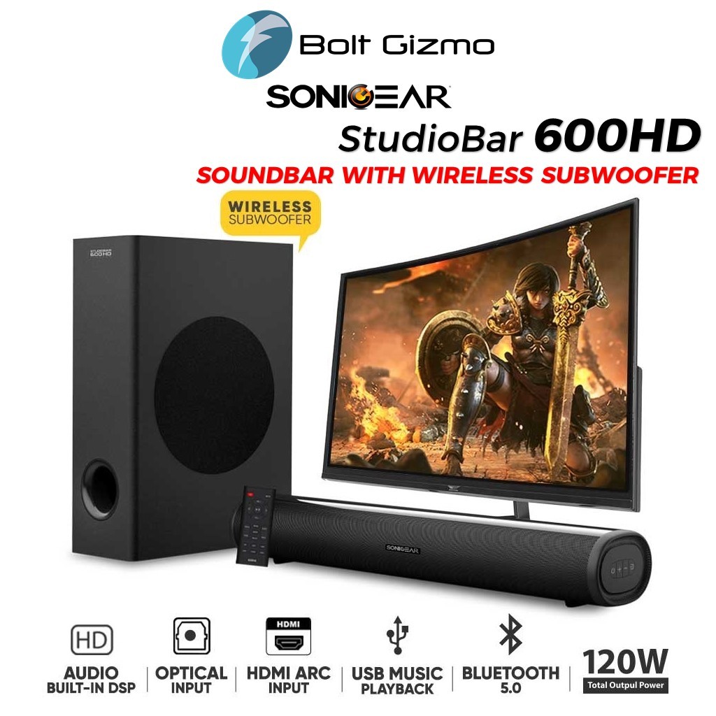 SonicGear StudioBar 600HD Wireless Subwoofer Bluetooth 5.0 Strong Bass TV Sound Bar Speaker ARC ...