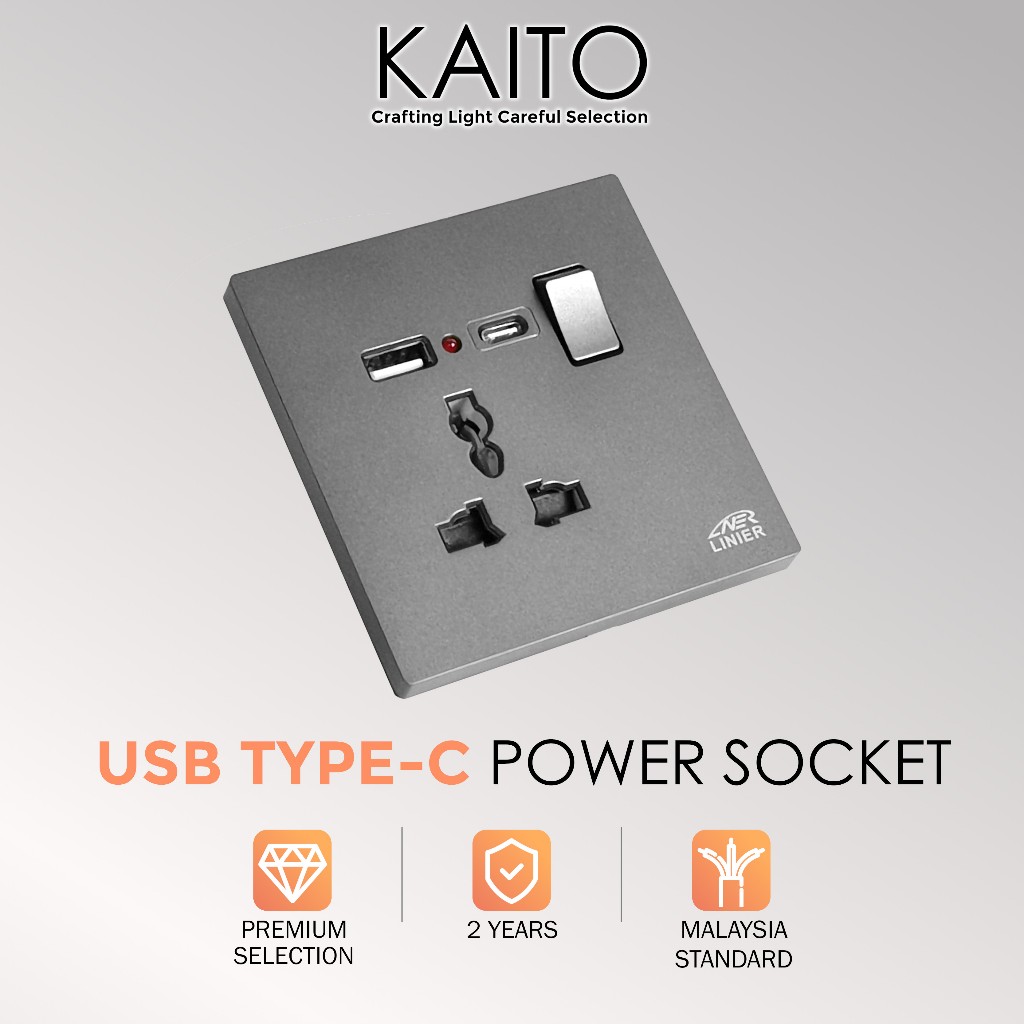 KAITO 13A Switch Socket Outlet 【USB + TYPE C】 USB Power Wall Plug ...