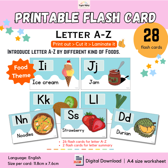 F003- PDF Printable Letter Flash Cards Alphabet A-Z Foods for toddler ...