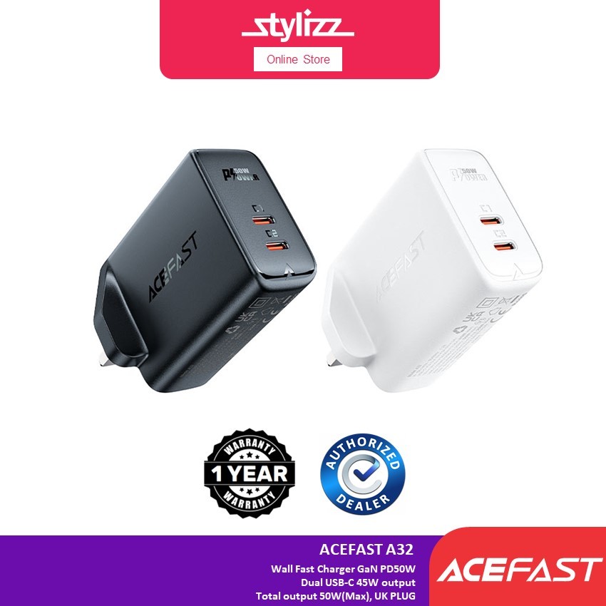 ACEFAST A32 PD50W GaN WALL CHARGER - DUAL USB-C 45W OUTPUT, TOTAL OUTPUT 50W(MAX), UK PLUG ...