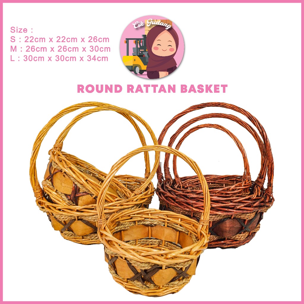 Bakul Rotan Bulat dengan Pemegang / Bakul Buah Hantaran Hamper / Rattan ...