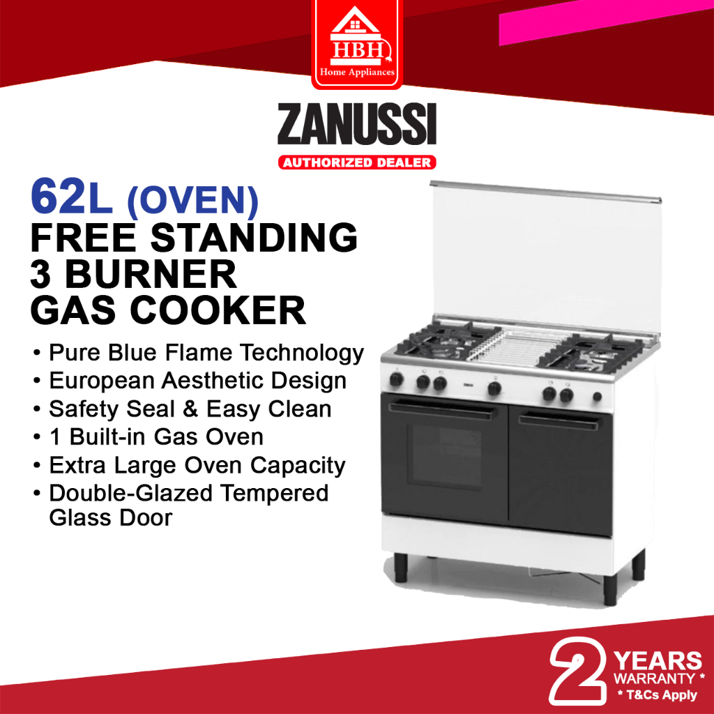 Zanussi ZCG-930W 10KW 3 Gas Burner Freestanding Cooker with 62L Built ...