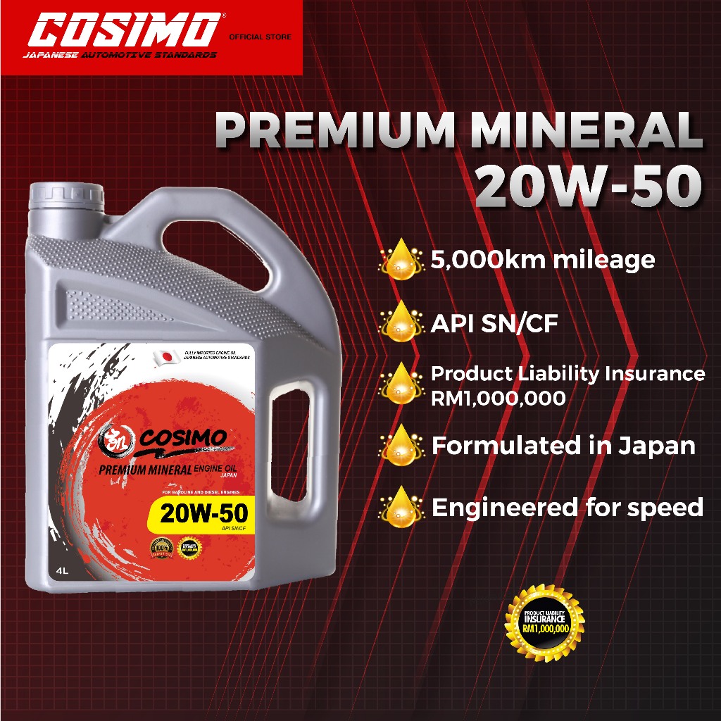 COSIMO 20W50 (4L) API SN Premium Mineral Engine Oil Car Lubricant ...