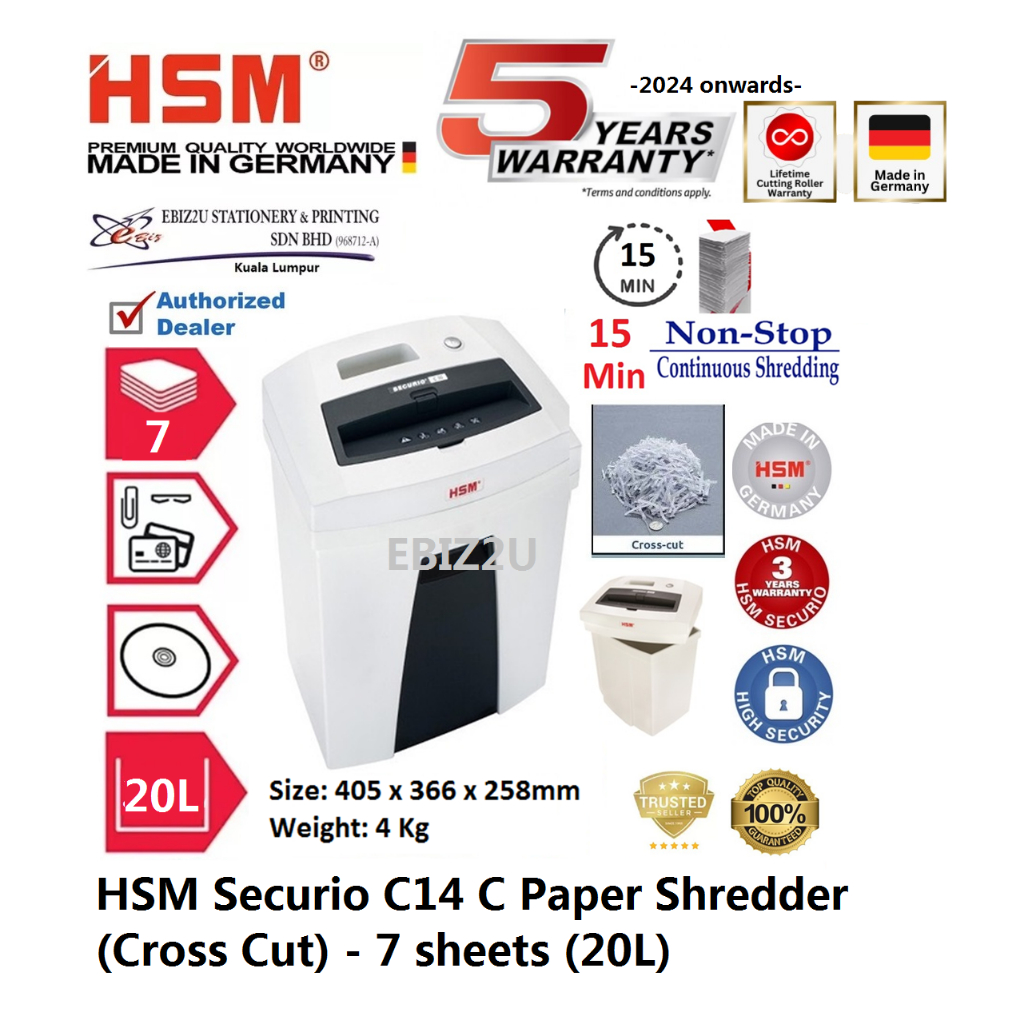 HSM Securio C14 C Paper Shredder (Cross Cut) 4×25 mm - 7 sheets (20L ...
