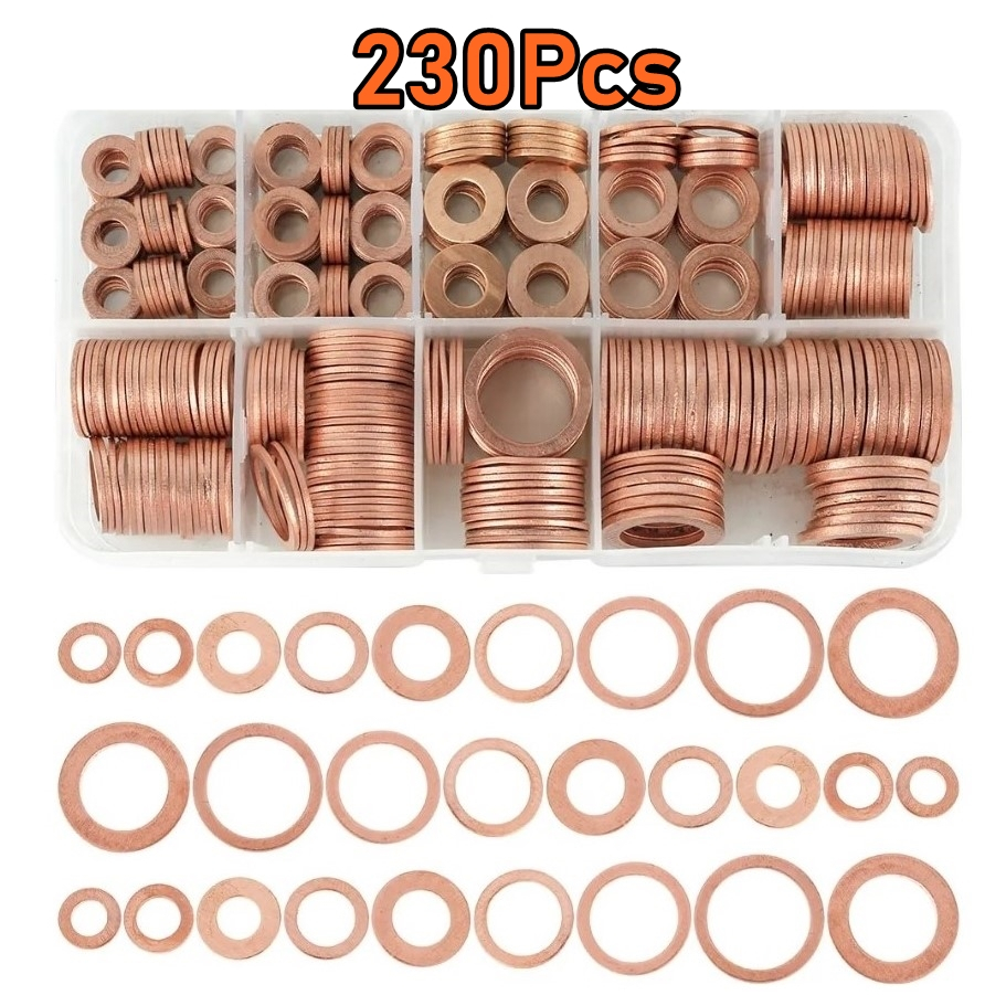 230Pcs Copper Washer Gasket Cooper Washer Set Flat Ring Seal Kit ...