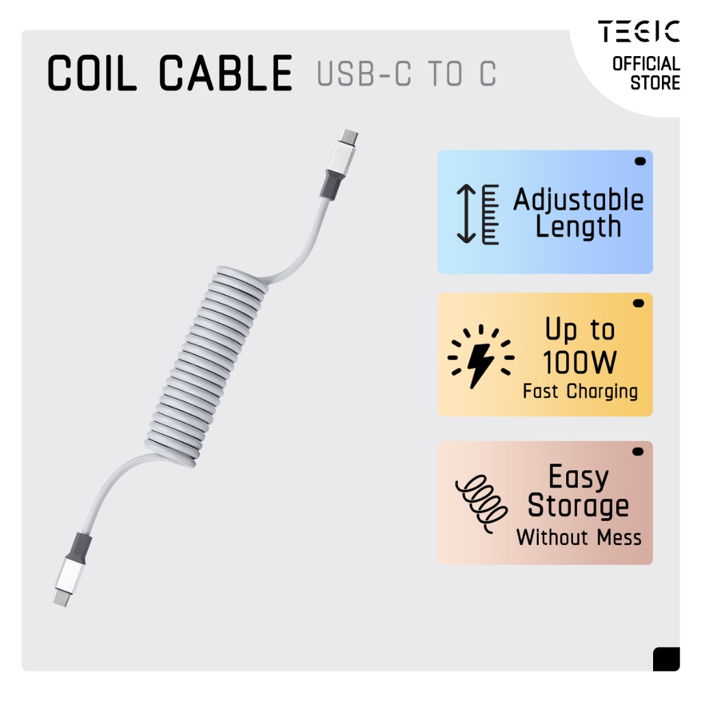TEGIC Coil Cable USB-C to C | 60W/100W | Adjustable Length | Up to 100W Fast Charging | Easy ...