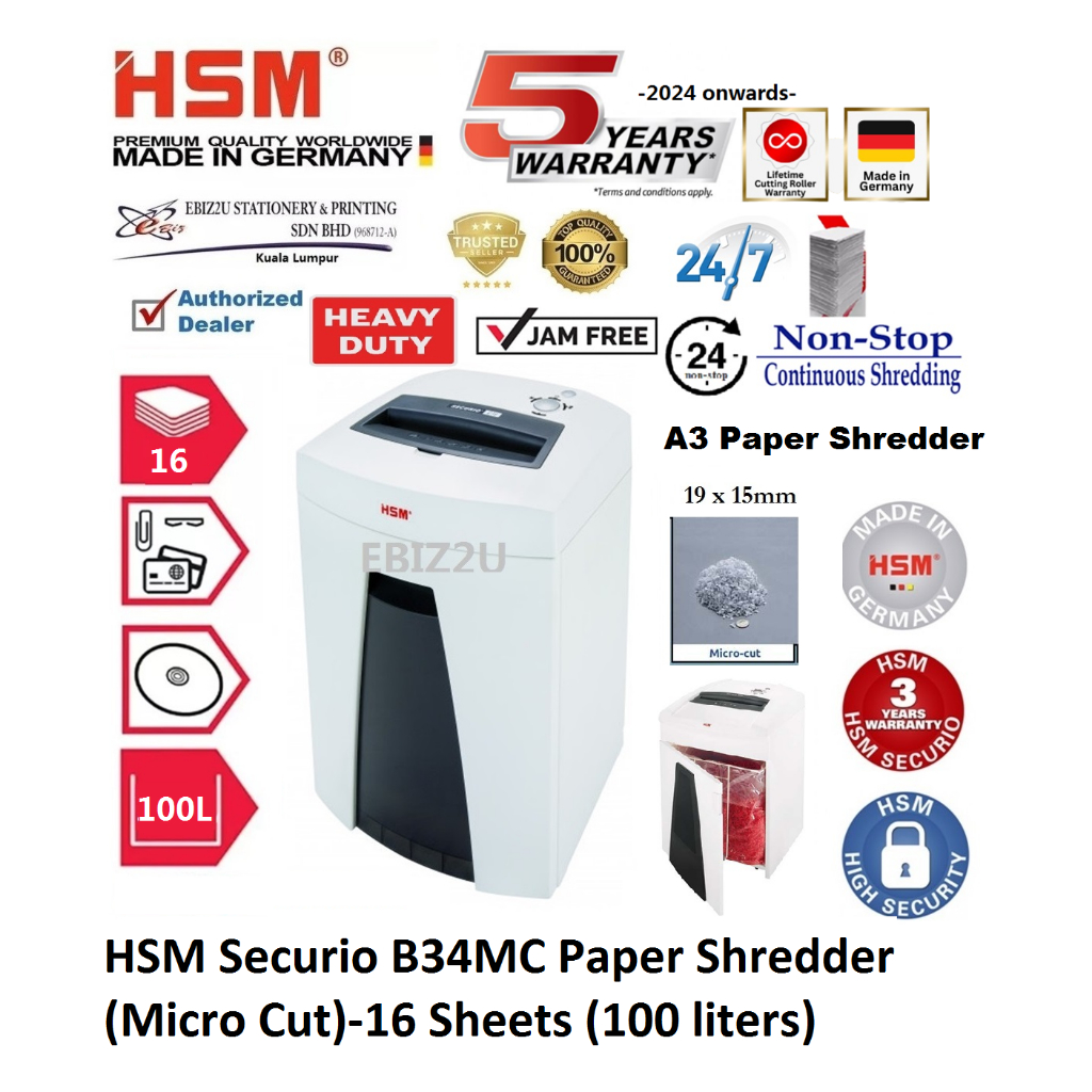 HSM Securio B34 MC A3 Paper Shredder (Micro Cut - 1.9 x 15mm) -16 ...