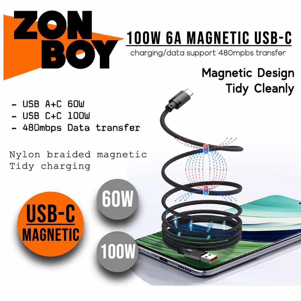 Braided Magnetic Type C USB Cable Magnet Nylon 100W Fast Charging ...