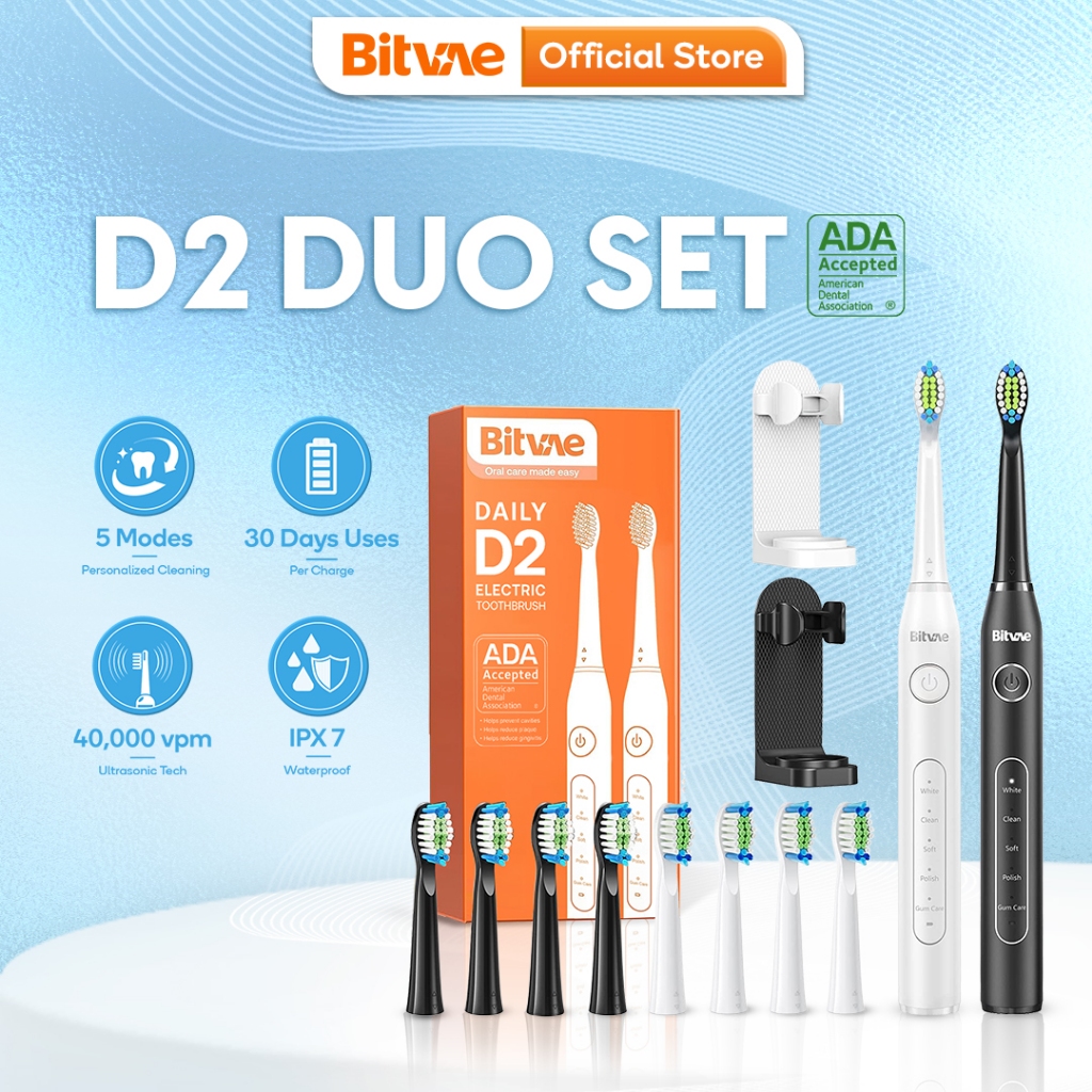 Bitvae D2 Sonic Electric Toothbrush Duo Set (2 Pcs x 8 Heads) | Shopee ...