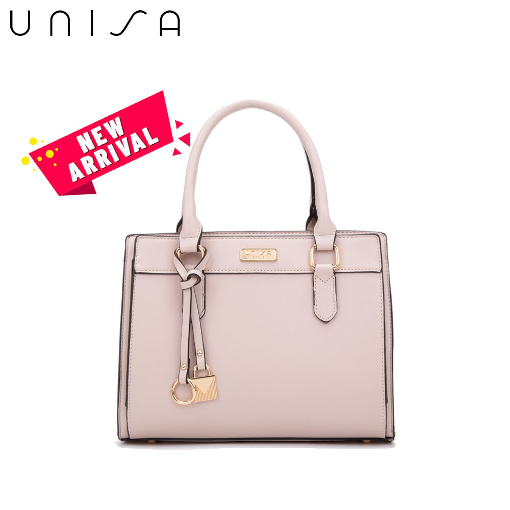 UNISA Faux Leather Structured Convertible Top Handle Bag (Beige/Black ...