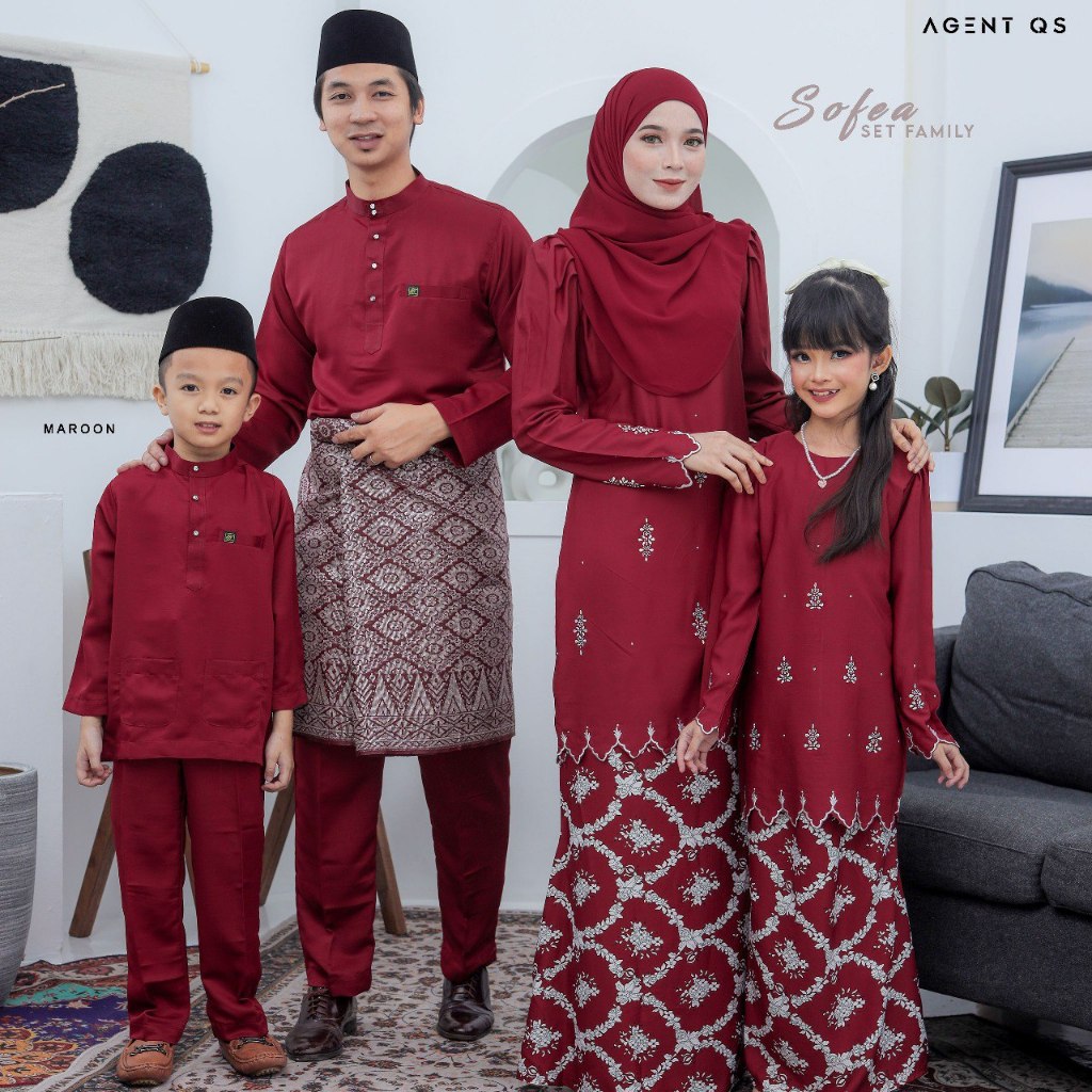 (MAROON) FULL SET FAMILY BAJU KURUNG SOFEA RAYA by ALLIN | Shopee Malaysia