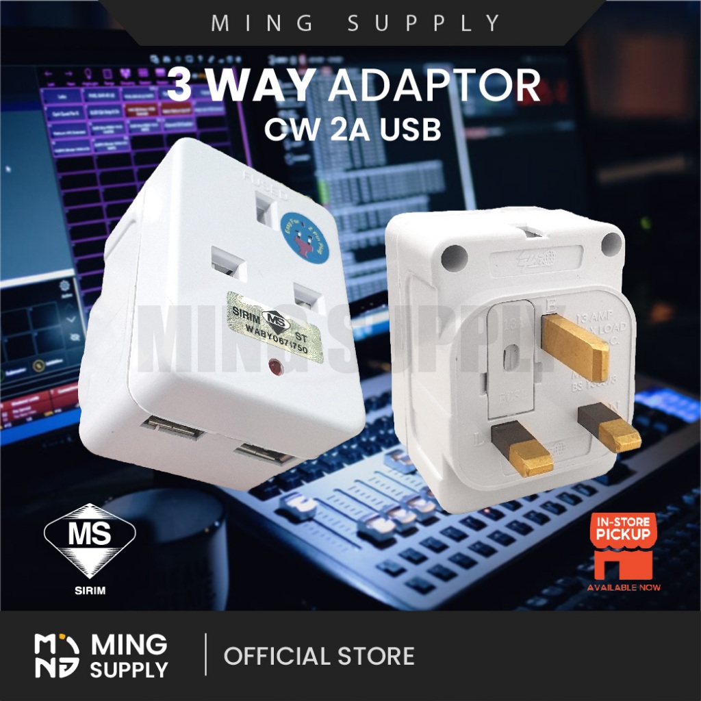 Sirim 3 Way 2 Usb Multiple Adapter With Charger 13a 3 Pin Socket Plug Switch Adaptor Neon