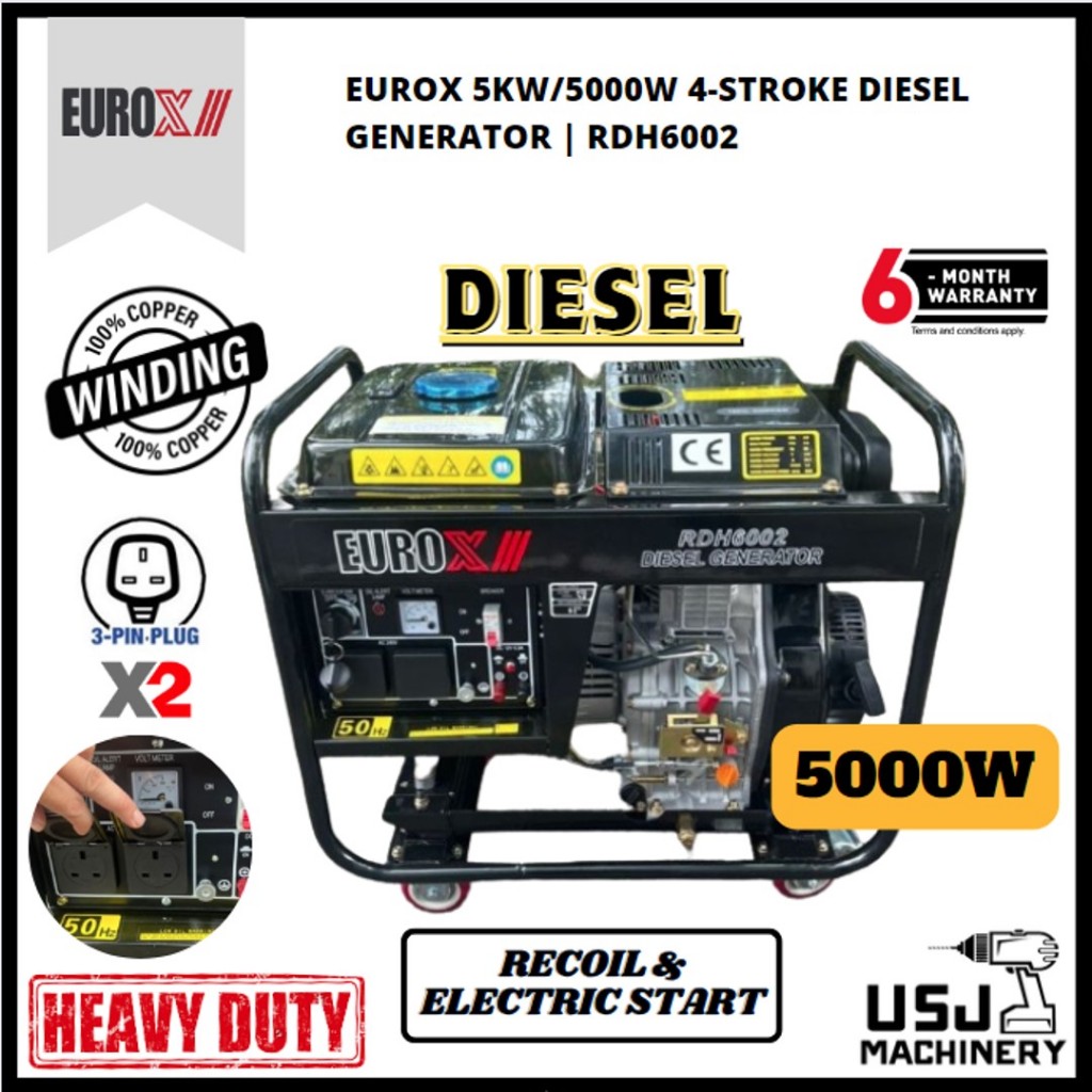 EUROX/ROBINTEC 5KW/5000W 4-Stroke Portable Diesel Generator RDH6002 - Electric Start - | 6 ...