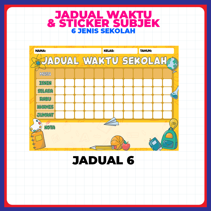 Jadual Waktu Sticker Subjek 6 Jenis Sekolah Murid Pelajar Sekolah ...