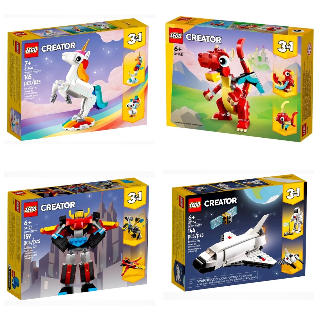 Lego Creator 3in1 31140 Unicorn , 31145 Red Dragon , 31124 Robot ...