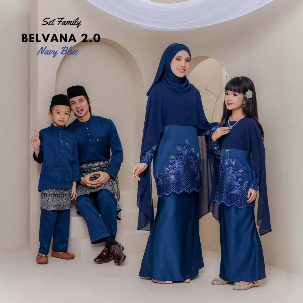 FULL SET FAMILY BAJU RAYA KURUNG BELVANA 2.0 (NAVY BLUE) by ALLIN ...